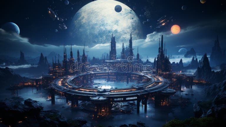 Cinematic Sci-Fi Spaceport with Floating Astronauts. Stock Illustration ...