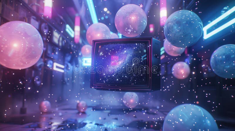 Cinematic Sci-Fi TV Floating in Zero Gravity with Glowing Orbs and ...