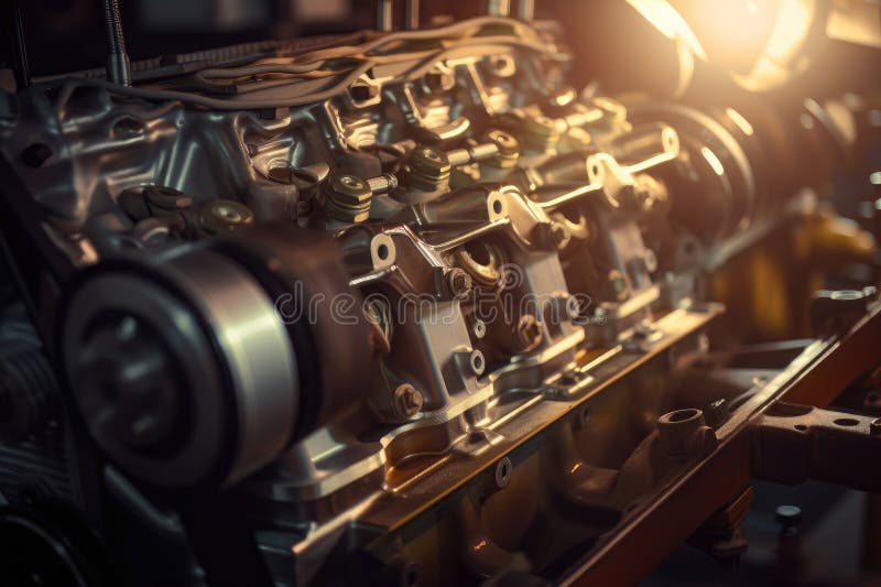 Cinematic Shot of a Car Engine Assembly in Warm Light, Showcasing the ...