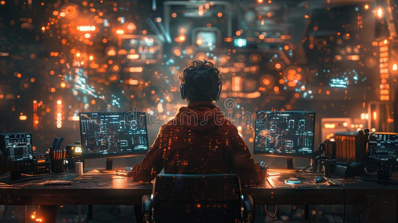 Cinematic Shot of a Person Sitting in Front of a Computer Surrounded by ...