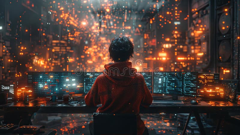 Cinematic Shot of a Person Sitting in Front of a Computer Surrounded by ...