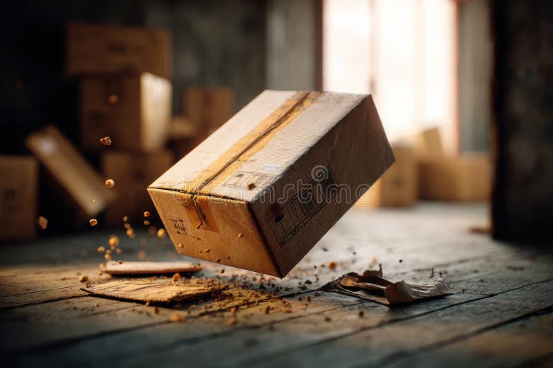 Cinematic Slow-Motion Effect of a Box Opening and Dropping Parcels in a ...