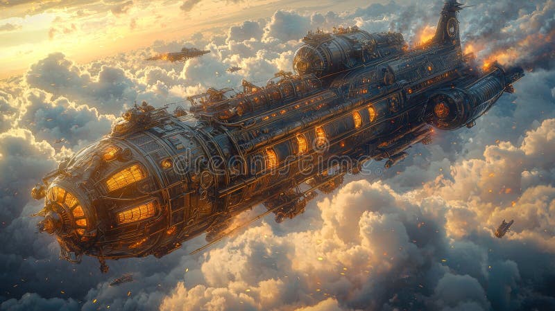 Cinematic Steampunk Battle with Airships in Turmoil. Stock Illustration ...