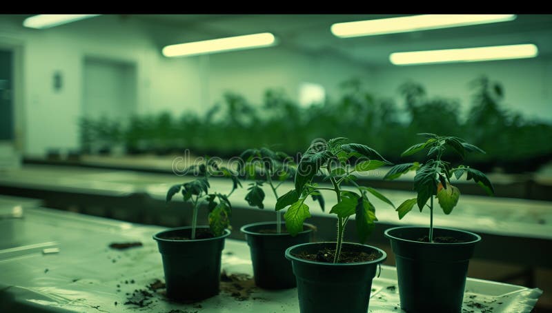 A Cinematic Still of Tomato Seedlings in Pots on a Table Inside an Open ...
