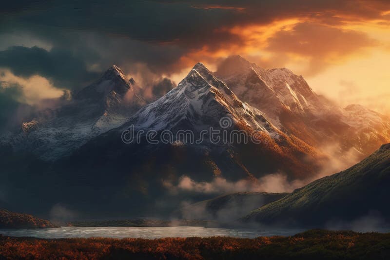 Cinematic Sunrise Over Detailed Mountains AI Generated Stock ...