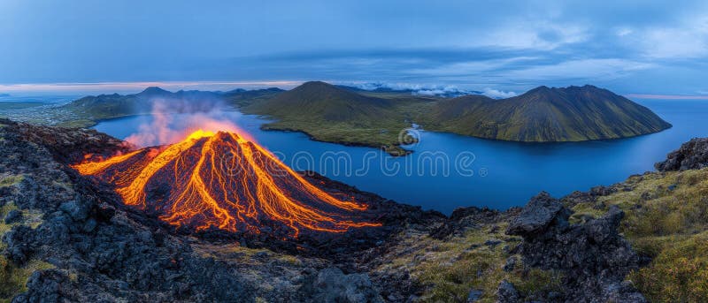 Cinematic View of an Active Volcano Erupting with Glowing Lava Against ...