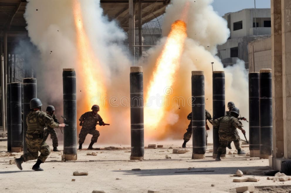 Cinematic View of Commandos Blasting Pillars with Explosives Fire ...
