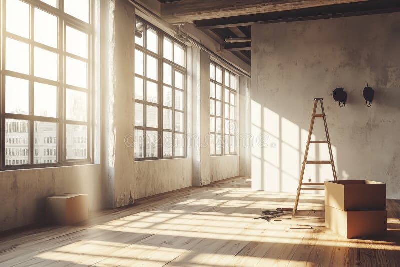 Cinematic View of an Empty Loft Apartment Bathed in Sunlight with Tools ...