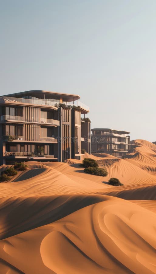 Cinematic View of Glass Structures Amidst Expansive Sand Dunes Under a ...