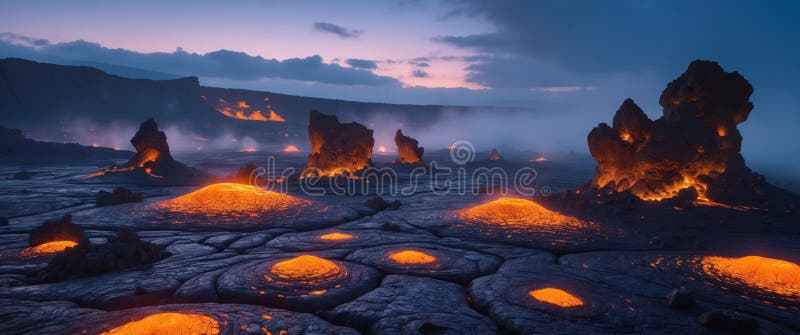 Cinematic View of Rugged Lava Fields with Glowing Rock Formations at ...