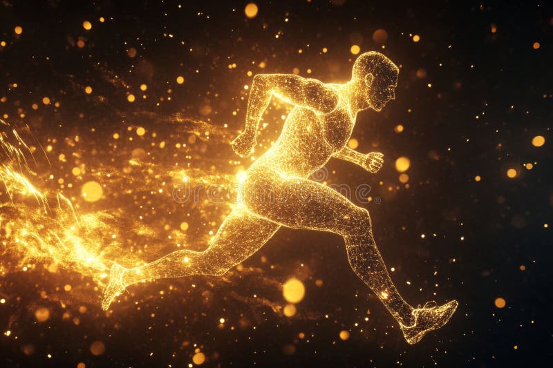 Cinematic Visualization of a Golden Light Athlete Running Against a ...