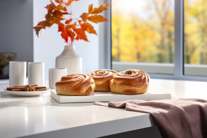 Cinnabon Buns with Glaze on White Background, Autumn Leaves Stock Photo ...