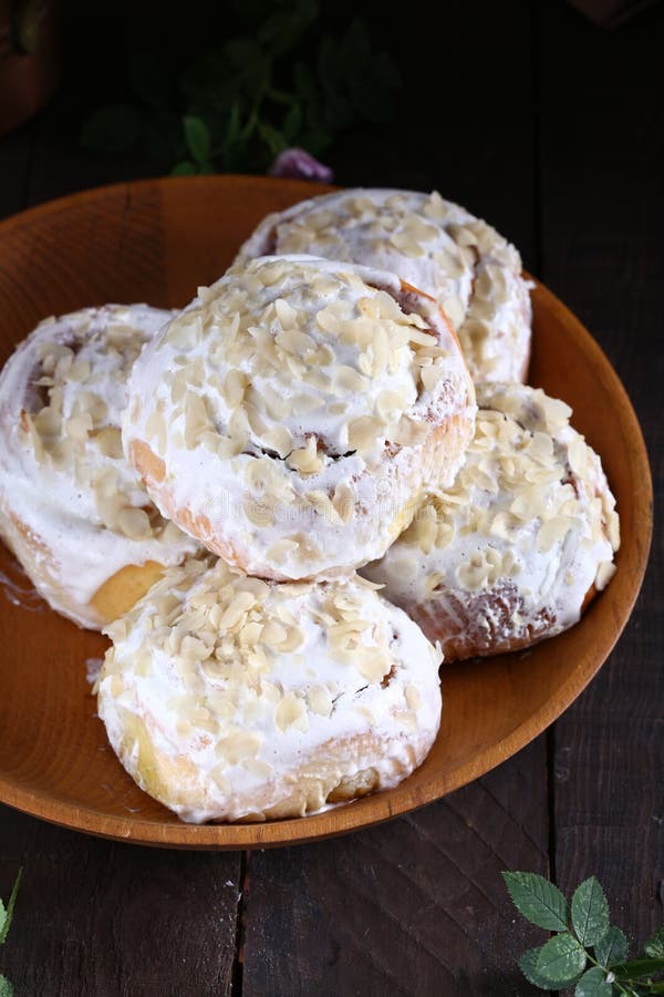 Cinnabon buns with icing stock photo. Image of icing - 183605078