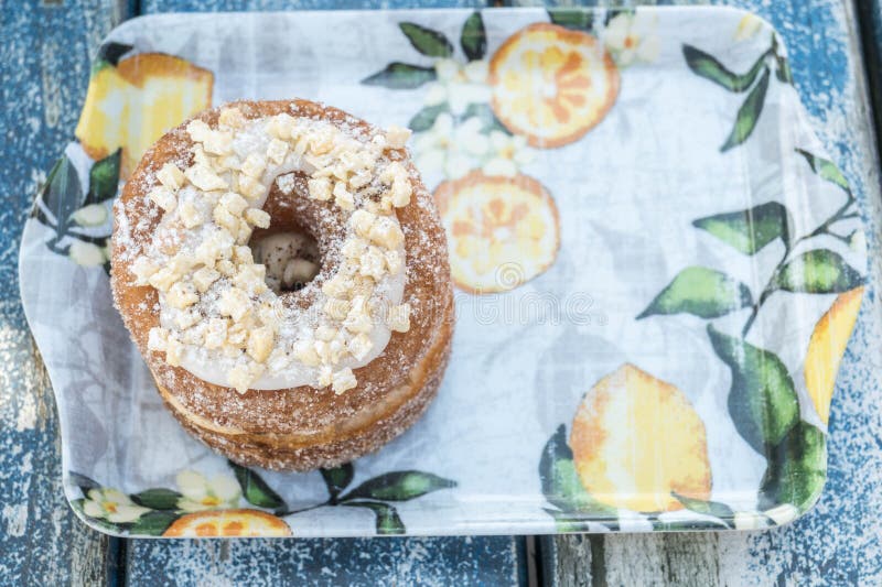 Cinnamon Apple Cronut on a Lemon Tray Stock Image - Image of sugar ...