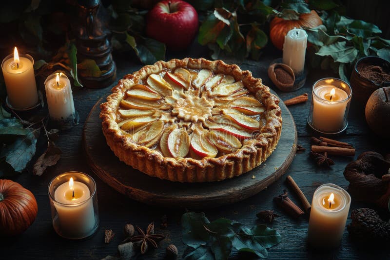 Fall Baking Scene, Cinnamon Apple Pie Atop a Rustic Table, Surrounded ...