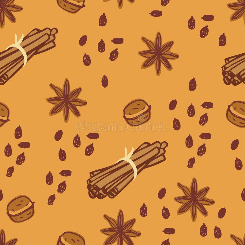 Cinnamon Bakery Spices Hand Drawing Seamless Pattern Food Collection ...
