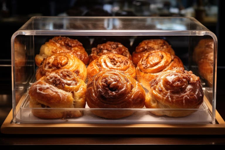 Cinnamon Buns in a Bakery Display Case with Labels Stock Photo - Image ...