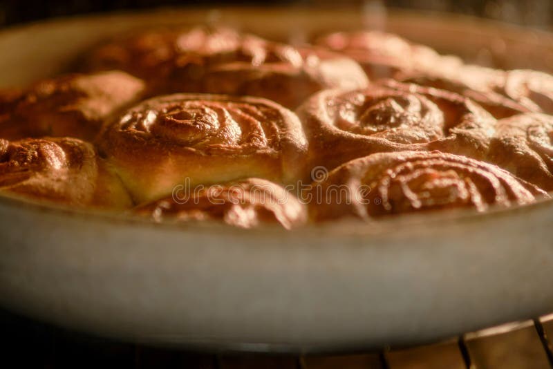 Cinnamon Buns in the Oven are Cooked on a Dish. Process of Making C ...