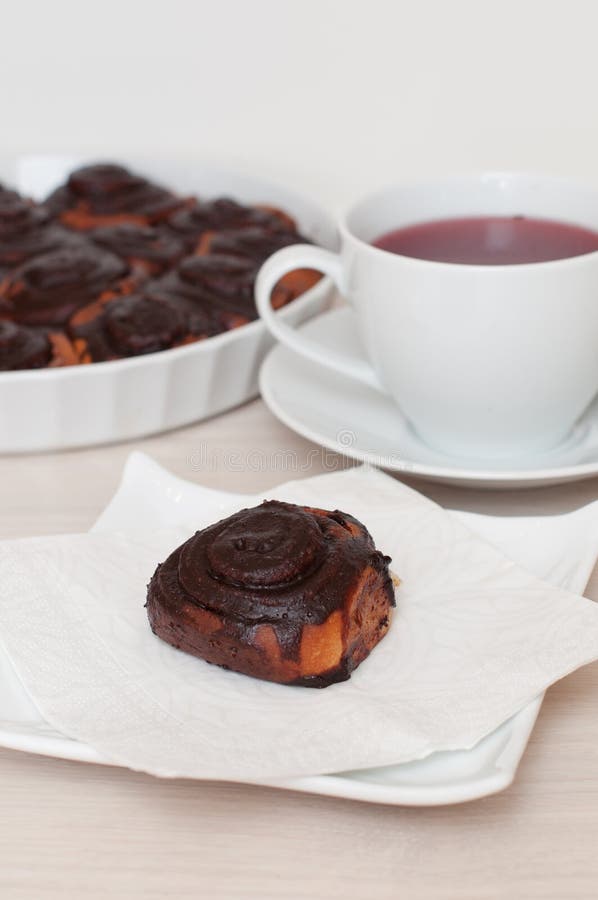 Cinnamon Chocolate Rolls and Tea Stock Photo - Image of cake, holiday ...