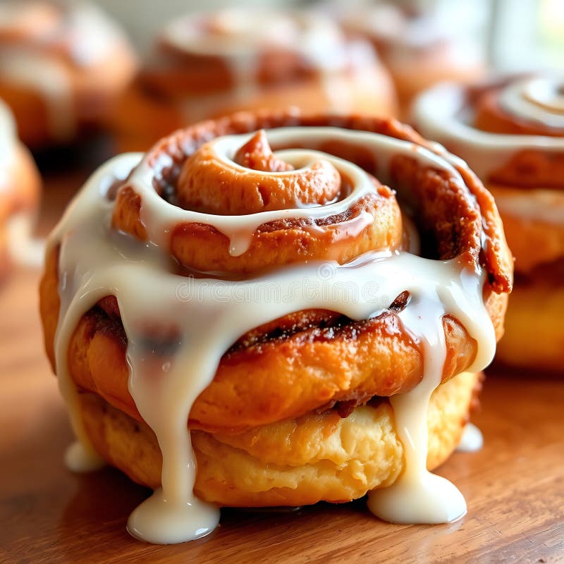 A Cinnamon Roll with Creamy Icing Dripping Down the Sides Stock ...