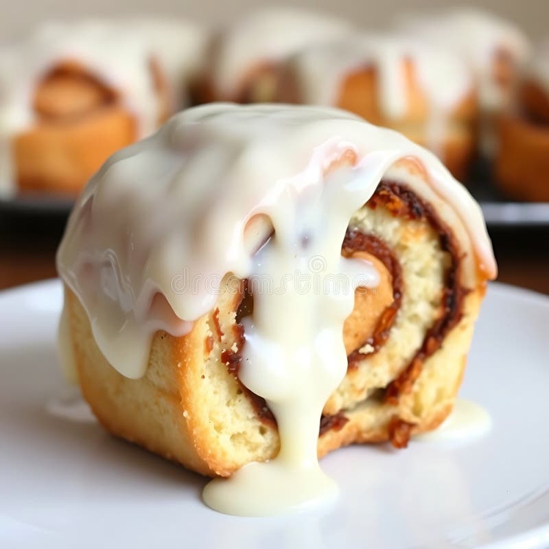 A Cinnamon Roll with Creamy Icing Dripping Down the Sides Stock ...