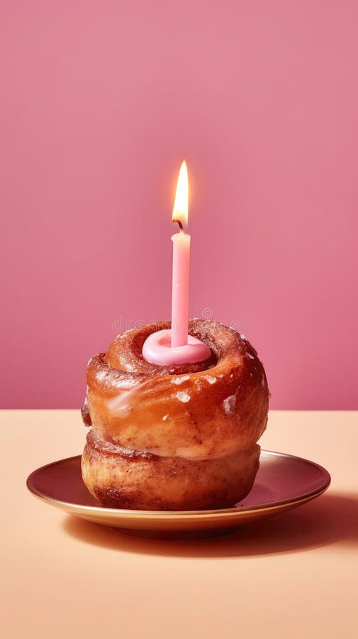 Cinnamon Roll with One Candle on a Pink Background Greeting Card Design ...