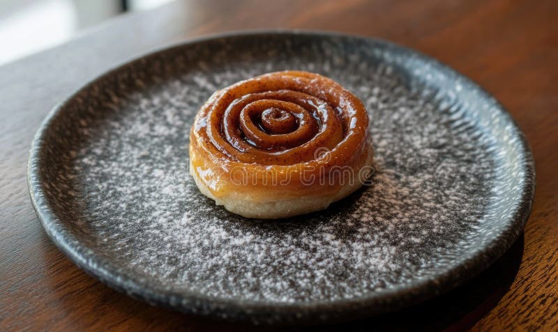 A Cinnamon Roll is Sitting on a Plate with Powdered Sugar Stock ...