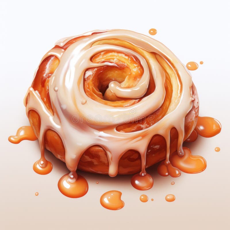 A Cinnamon Roll with White Frosting and Caramel Sauce Stock ...