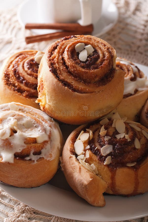Cinnamon Rolls Almond Macro Plate Coffee Vertical Stock Photos - Free ...