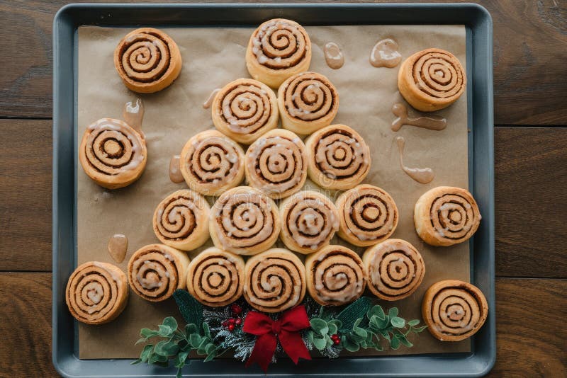 Cinnamon Rolls Forming Christmas Tree Shape on Baking Sheet Stock ...