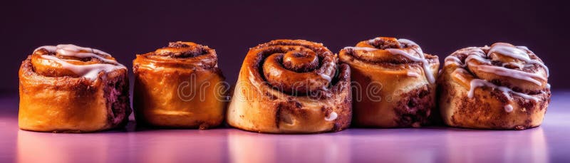 Cinnamon Rolls Standing on Gradient White Purple Background Wide ...