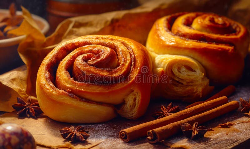 Cinnamon Rolls and Cinnamon Sticks on Table with Cinnamons and Cinnamon ...