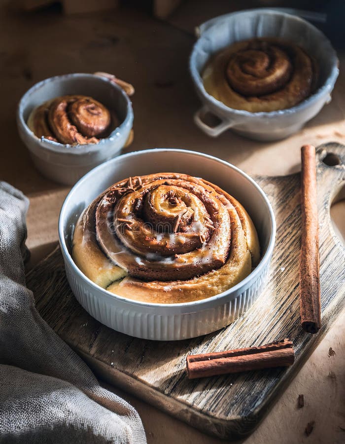 Cinnamon Rolls with Cinnamon Sticks on a Wooden Board. Generative AI ...