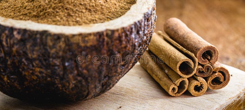 Cinnamon in a Rustic Pot, Made from Coconut Shell, Ground Cinnamon Used ...