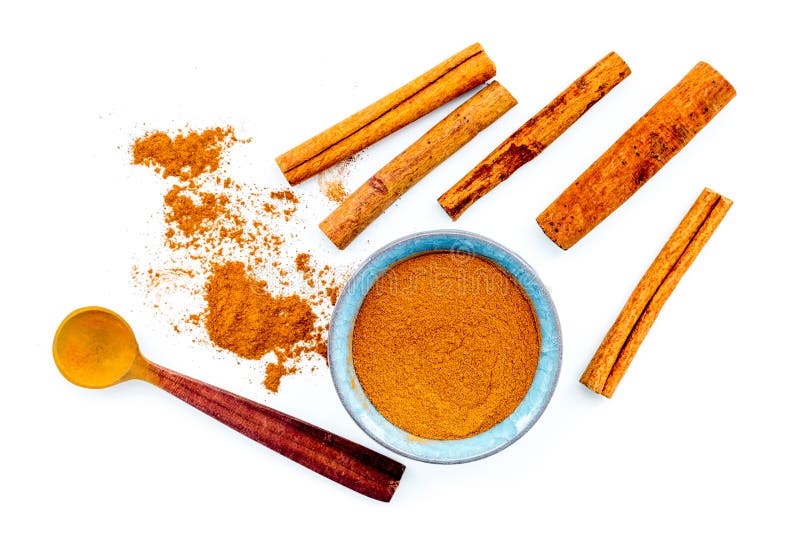 Cinnamon Seasoning. Sticks and Powder on White Background Top View ...