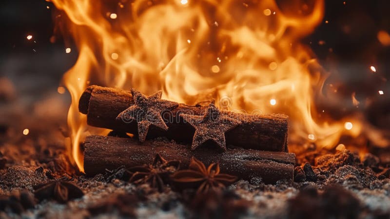 Cinnamon Stars Burning in a Cozy Fire Stock Illustration - Illustration ...