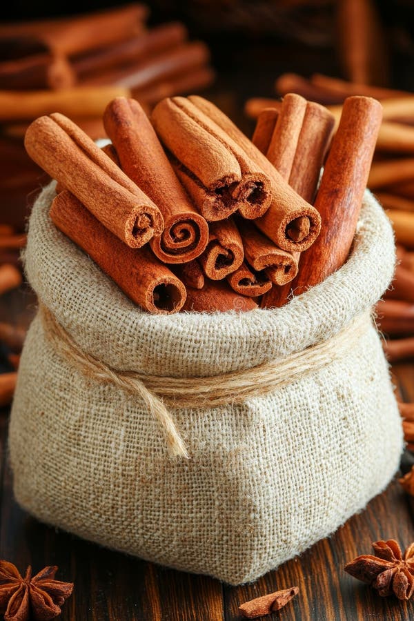 Cinnamon Sticks in Burlap Sack, Aromatic Spice. Rustic Food Background ...
