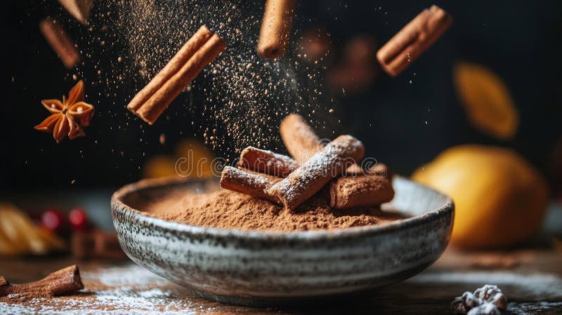 Cinnamon Sticks and Cocoa Powder in a Bowl Stock Illustration ...