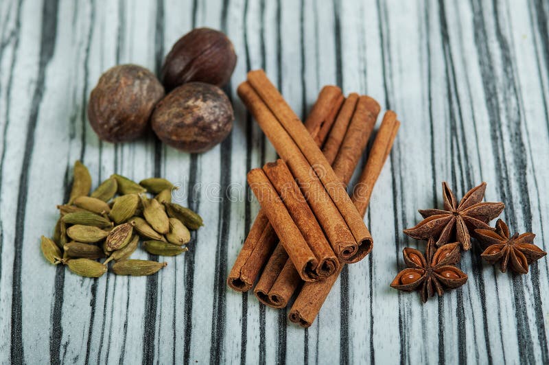 Cinnamon Sticks, Star Anise, Cardamom and Nutmeg Stock Image - Image of ...