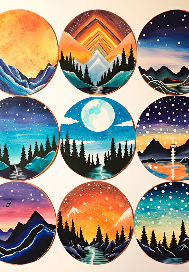 A Circle of Acrylic Paint with Different Landscape Stock Photo - Image ...