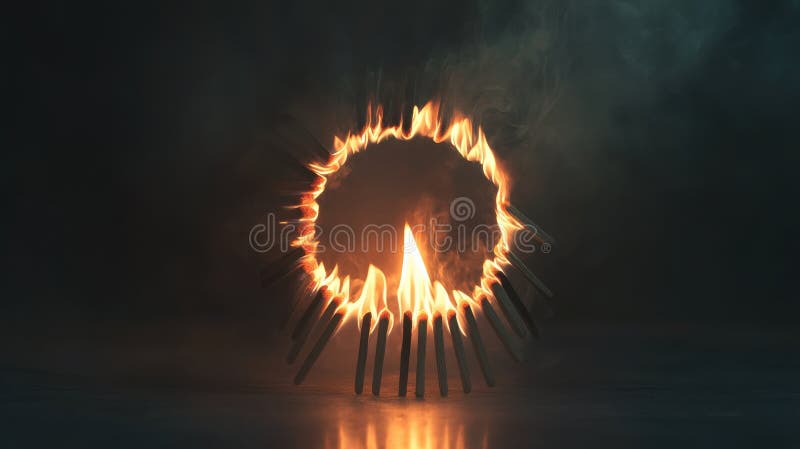 Circle of Burning Matches Creating a Dramatic Fire Halo on Dark ...