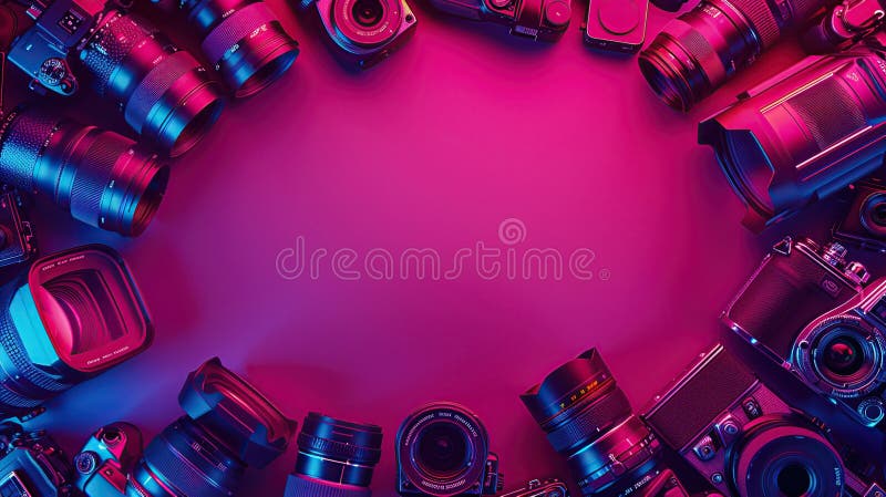 A Circle of Cameras and Lenses in Neon Pink and Blue Lighting with a ...