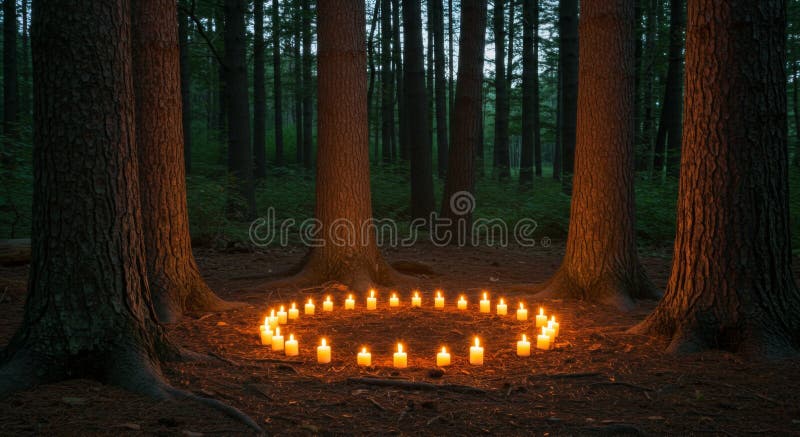Circle of Candles in a Dark Forest at Night Stock Illustration ...