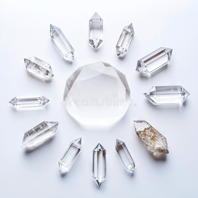 A Circle of Clear Quartz Crystals on a White Surface Stock Image ...