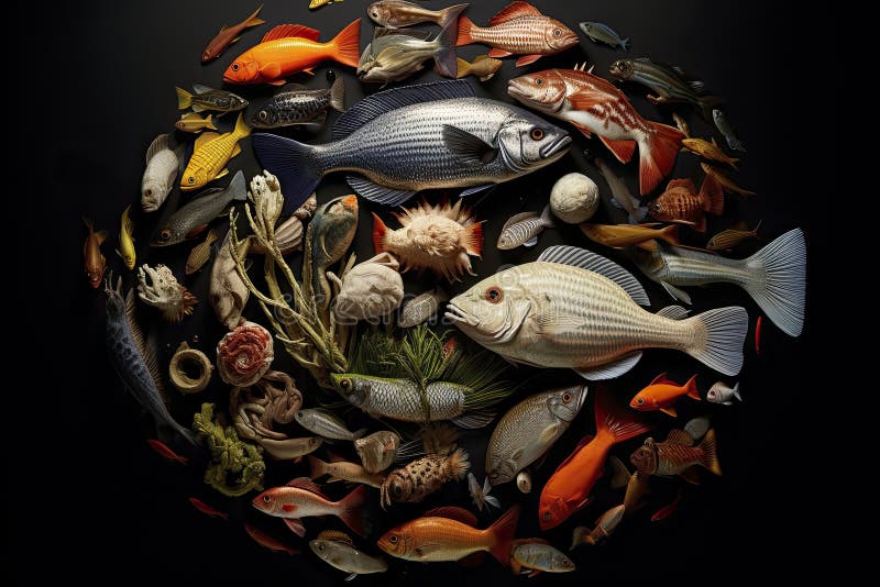Circle Composition of Diverse Fish and Marine Objects Stock ...