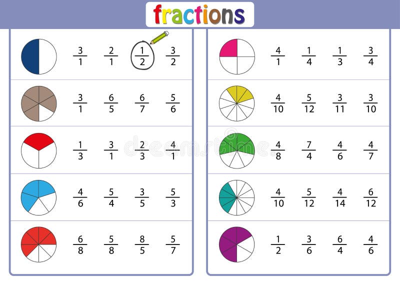 Circle the Correct Fraction, Mathematics, Math Worksheet Stock ...