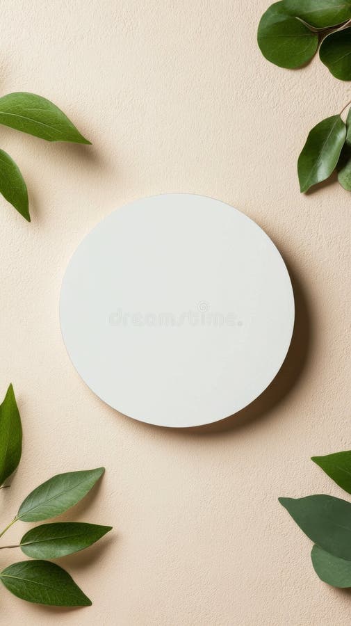 Circle on a Cream Surface Surrounded by Green Leaves Creates a Serene ...