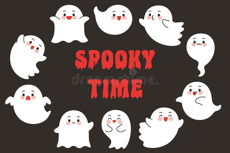 Cute Ghosts in Witch Hats with Happy Halloween Text Stock Vector ...