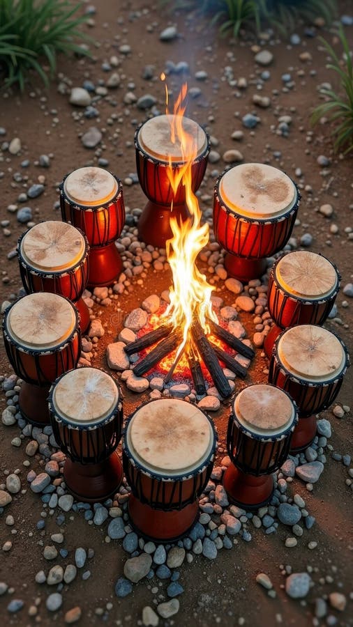 Circle of Djembe Drums Around Campfire in Outdoor Setting Stock Image ...