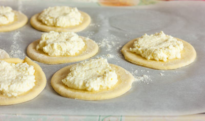 A Circle of Dough with Cottage Cheese Filling on the Table, Cooking ...